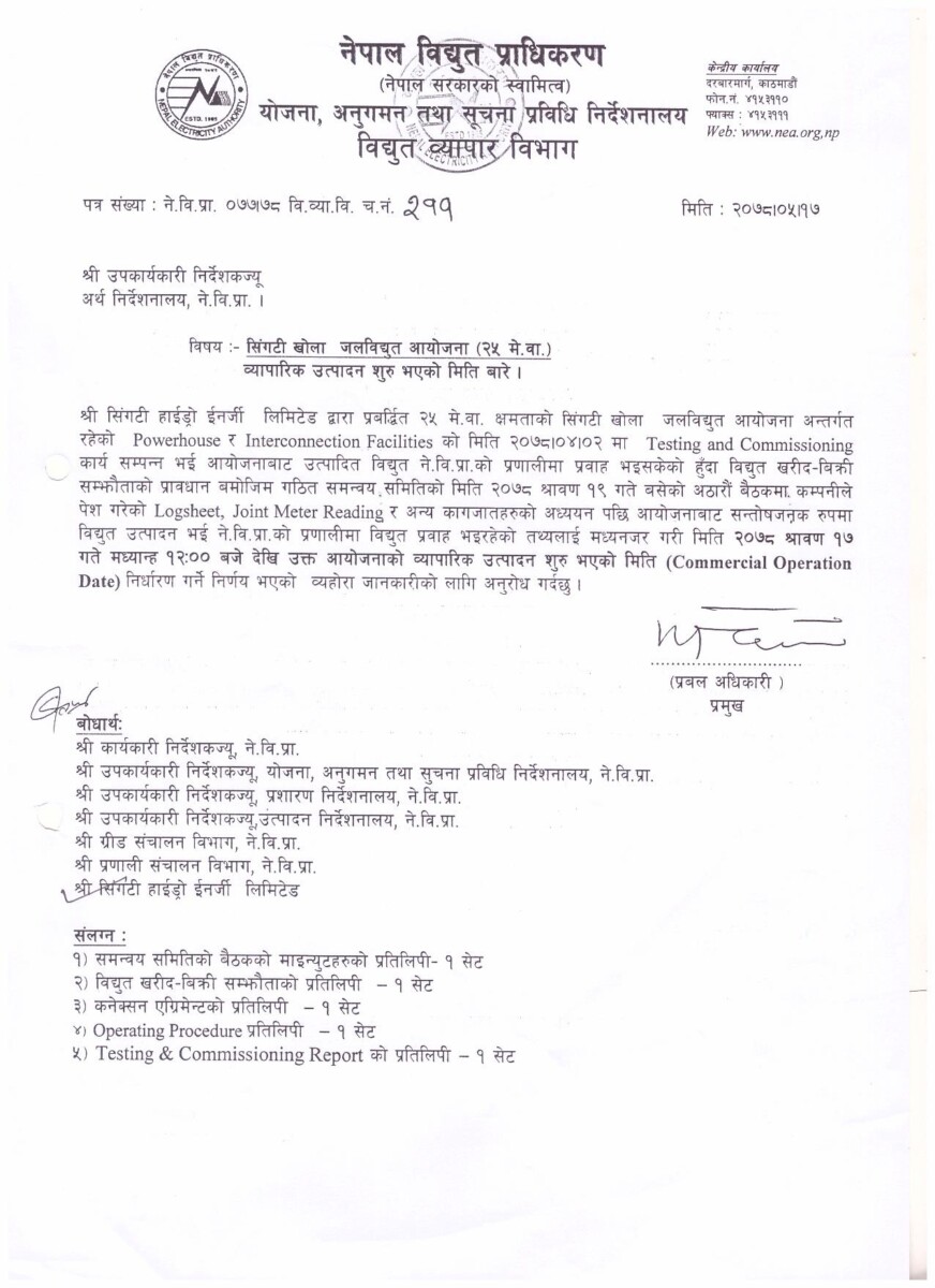 Letter of Commercial Operation Date – Singati